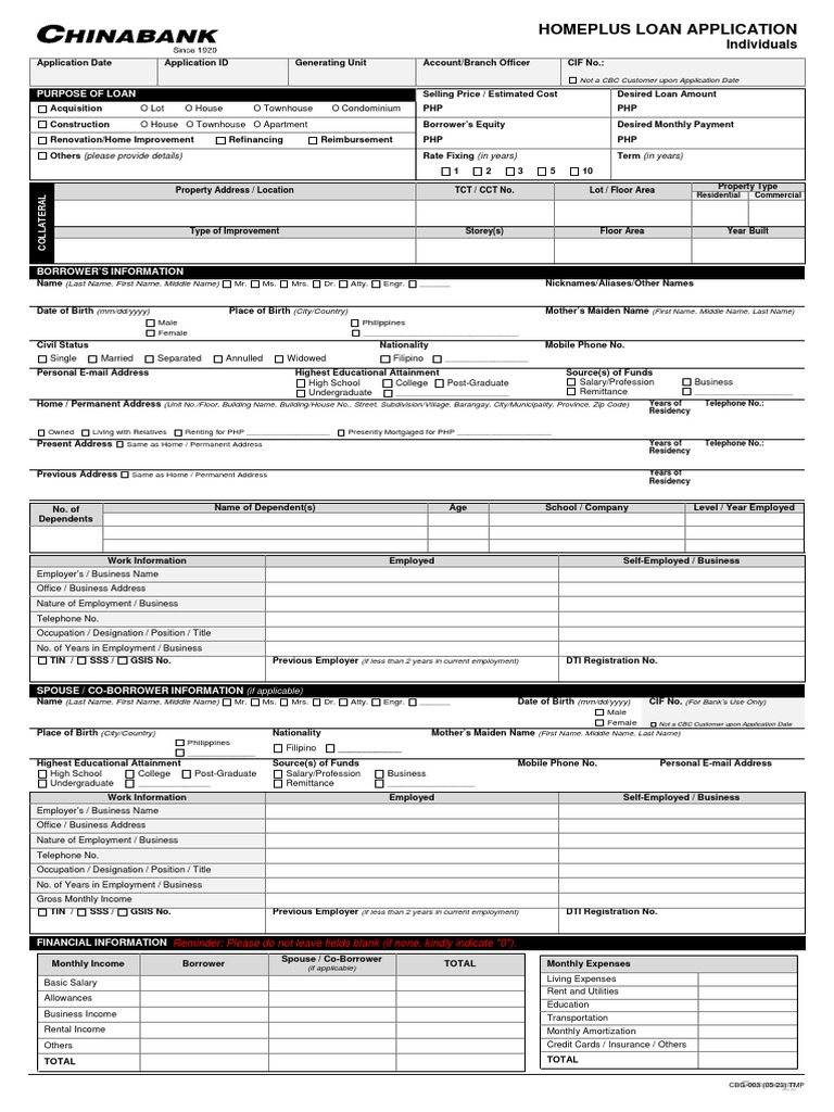 HPL Application - Individual [CBG-003 (05-23) TMP] | PDF | Banks | Loans
