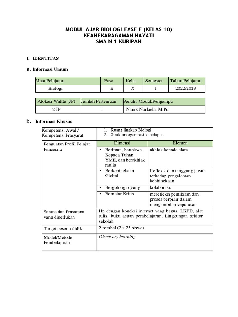 Modul Ajar Biologi Kelas 10: Keanekaragaman Hayati | PDF