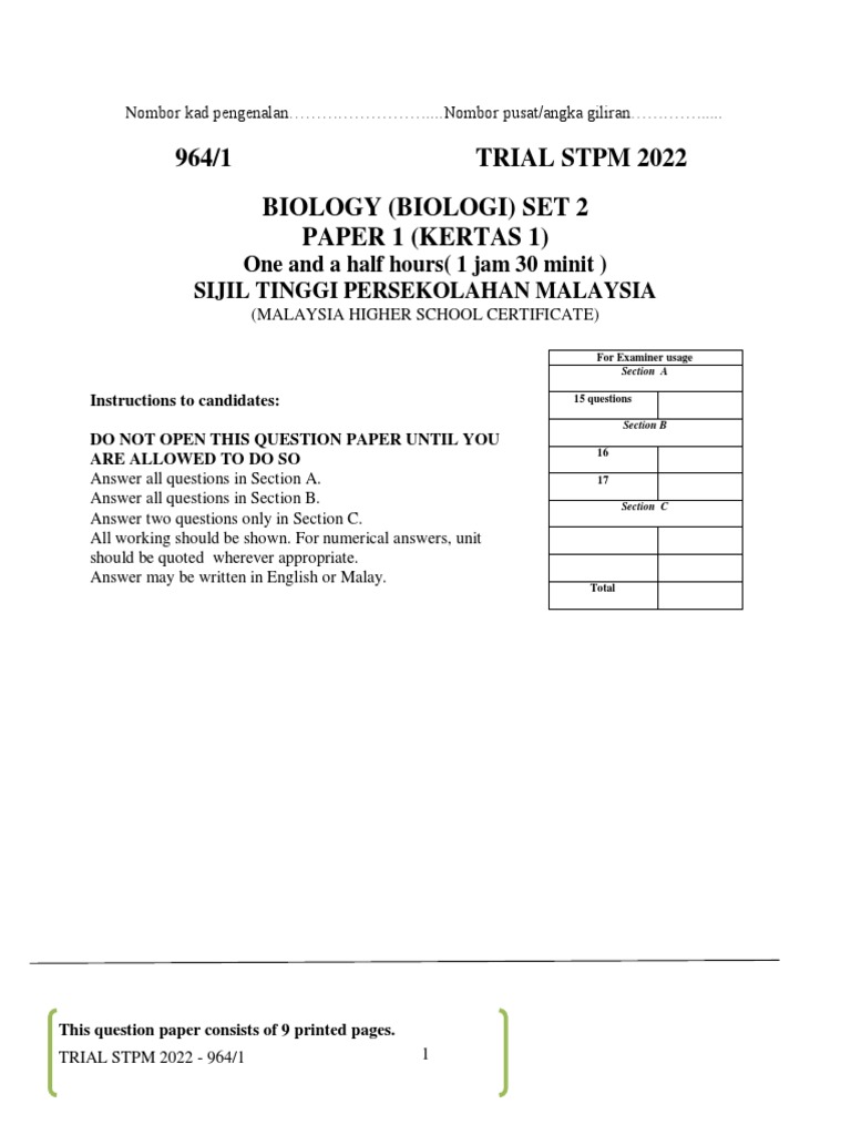 STPM 2022 Biology Trial Exam | PDF | Nicotinamide Adenine Dinucleotide ...