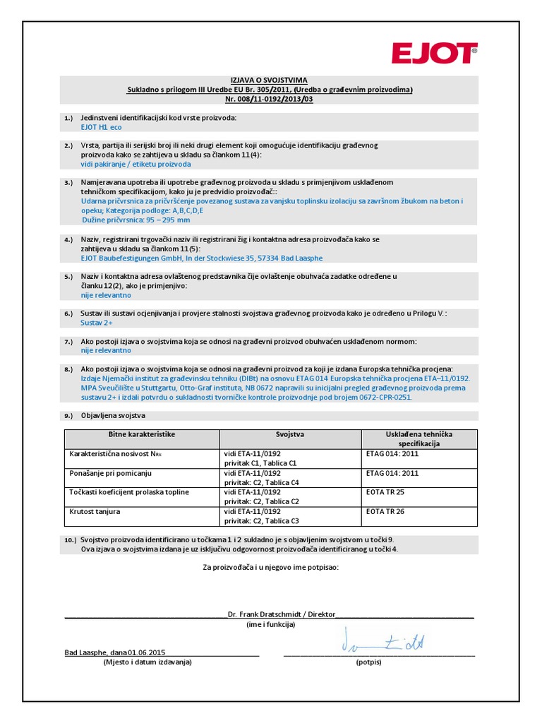 IZJAVA O SVOJSTVIMA _EJOT H1 eco_DoP_ETA-11-0192_150601 | PDF