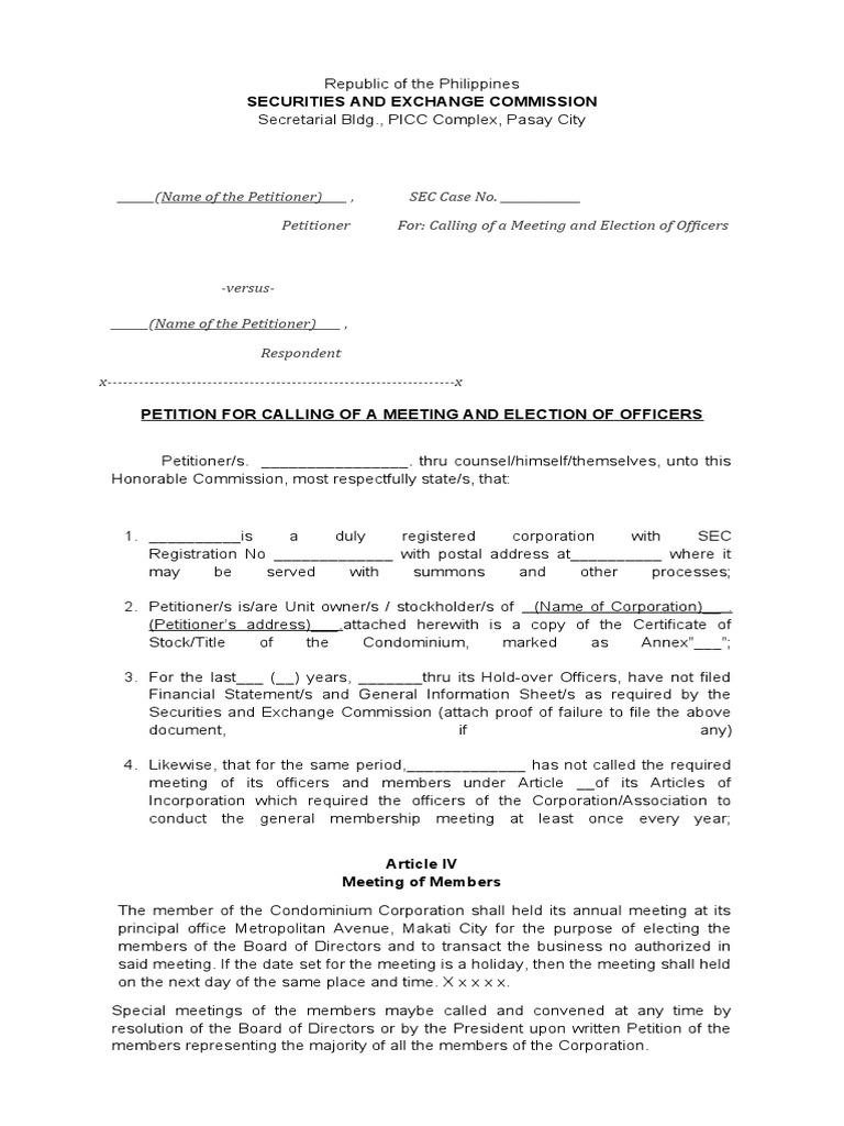 Draft Sample PETITION FOR CALLING OF A MEETING AND ELECTION OF OFFICERS ...