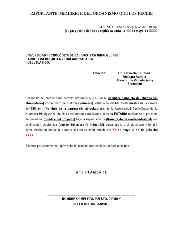 FORMATO 4.0 CARTA DE ACEPTACIÓN PARA TSU (1) | PDF