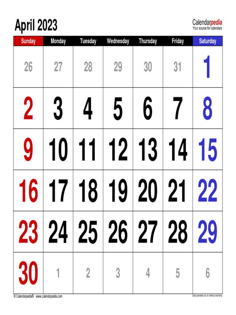 April 2023 Calendar Landscape Large Numerals | PDF