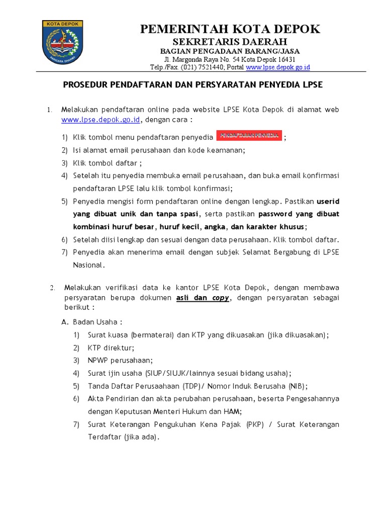 Prosedur Pendaftaran Penyedia Lpse 2022 | PDF