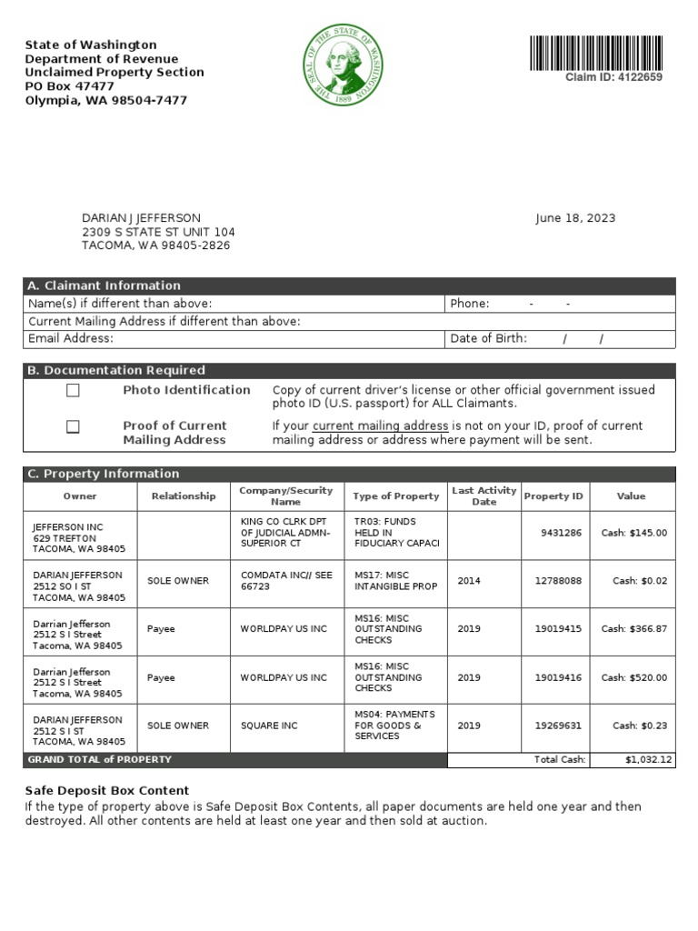 State of Washington Department of Revenue Unclaimed Property Section PO ...