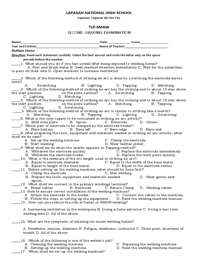1st Grading Exams Grade 9 | PDF | Welding | Construction