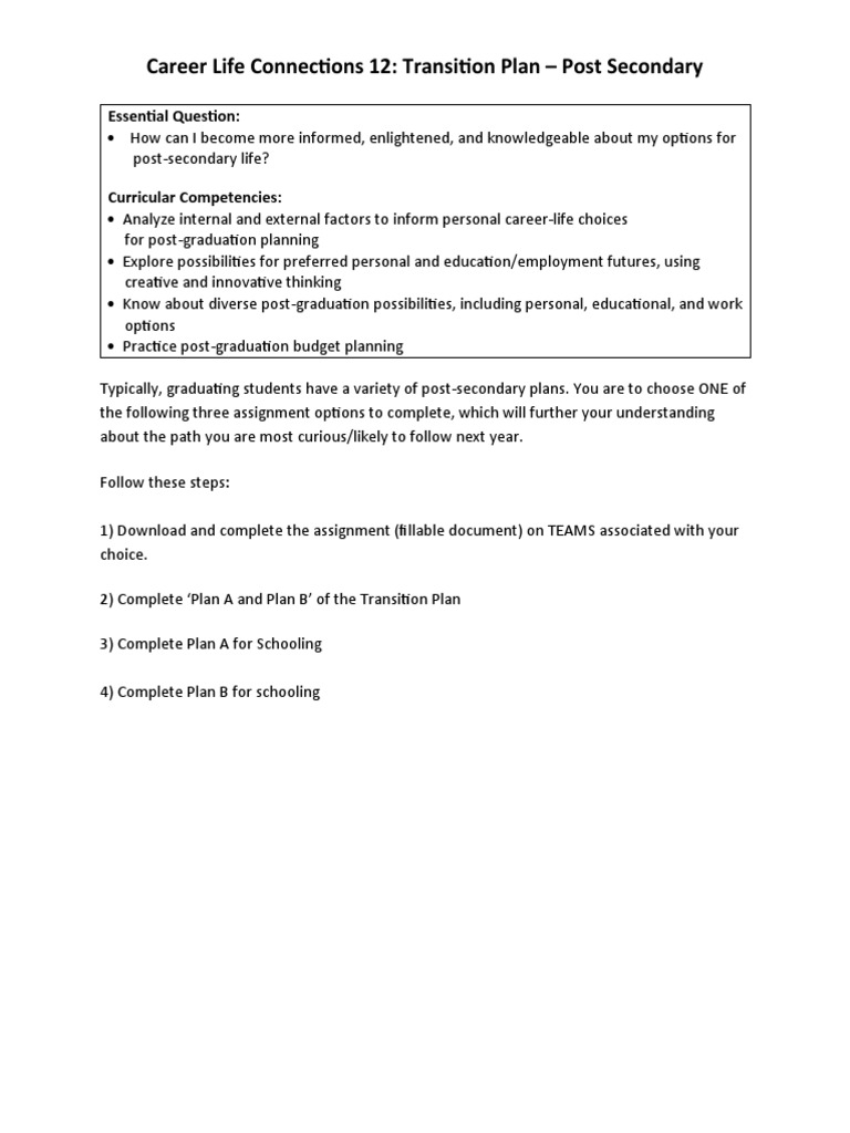 Transition Plan - Post Secondary Plan A and Plan B | PDF | Nursing | Lawyer