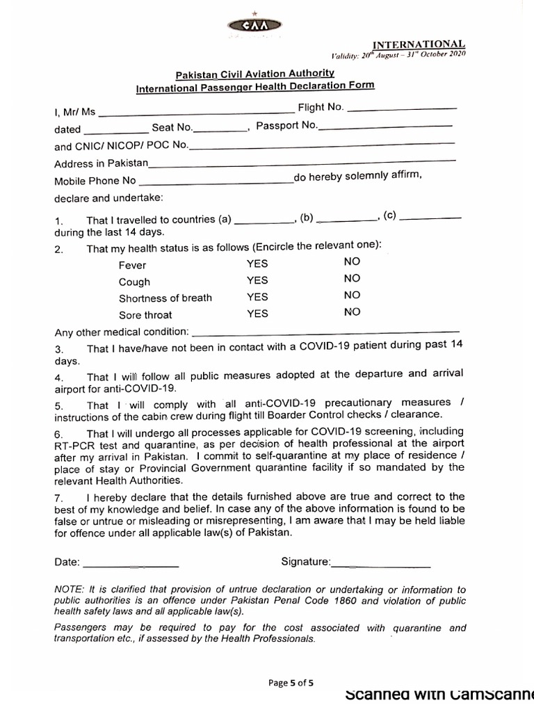 Pakistan International Passenger Health Declaration Form | PDF