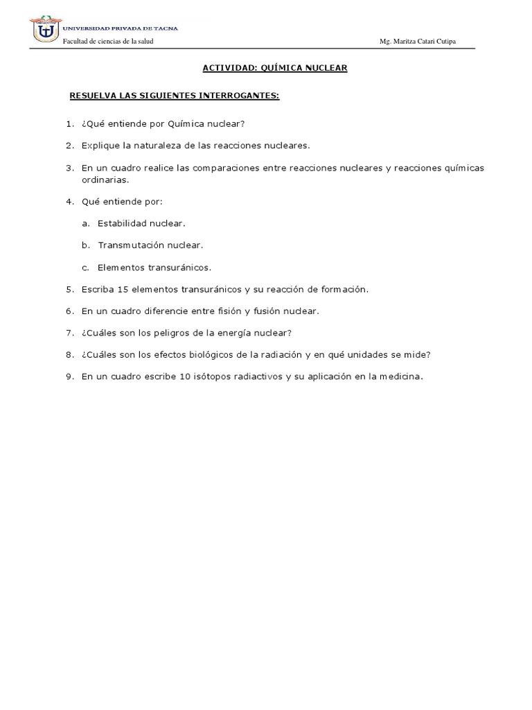 Tarea Química Nuclear | PDF | Ciencia y matemáticas | Tecnología