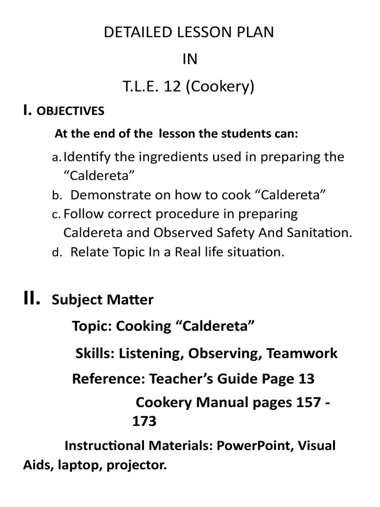 Cooking Caldereta Lesson Plan | PDF | Lesson Plan | Chili Pepper