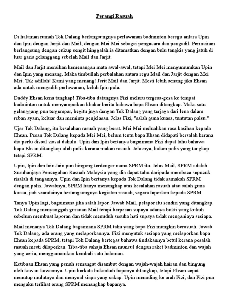 Cerita Upin Ipin - Perangi Rasuah | PDF