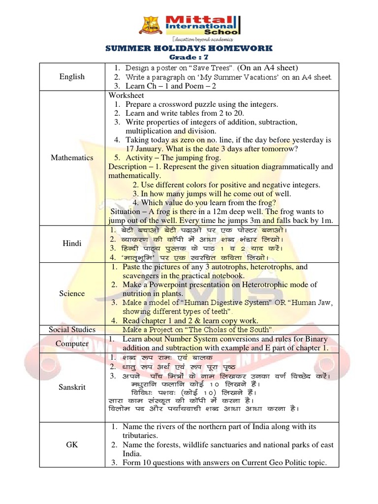 Grade 7 Summer Homework Guide | PDF | Mathematics | Arithmetic