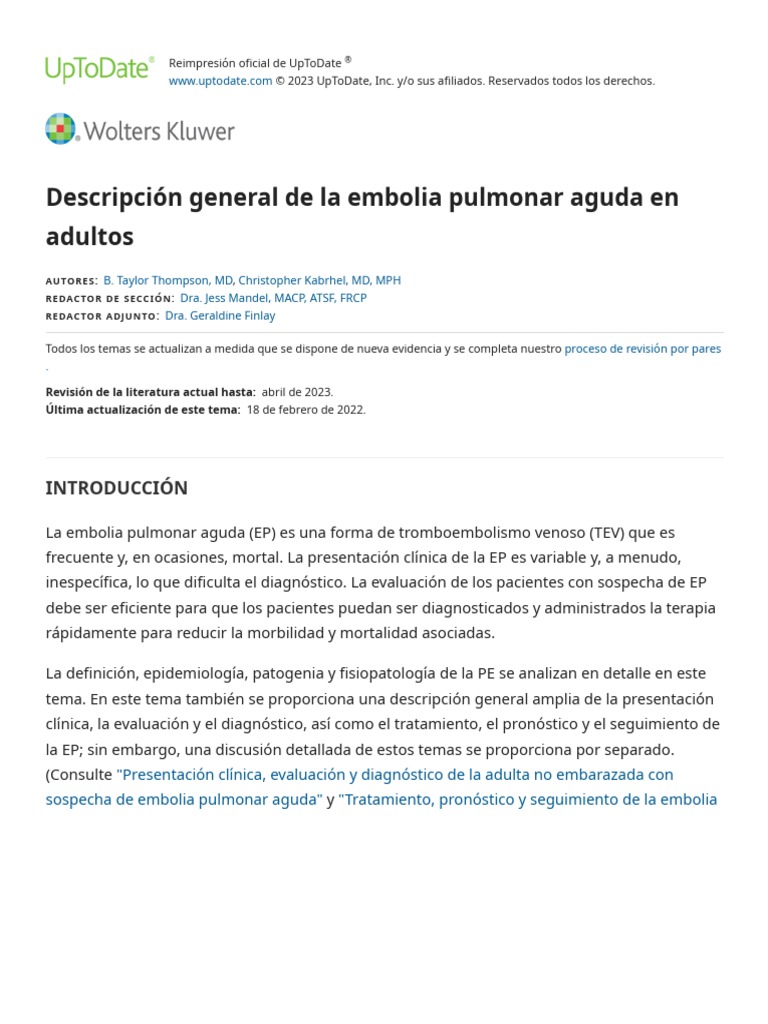 Overview of Acute Pulmonary Embolism in Adults - UpToDate | Descargar ...