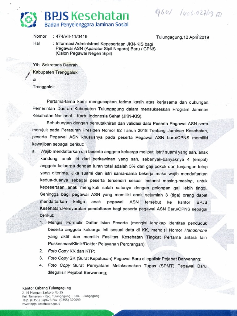 Surat BPJS Kesehatan CPNS 2019 | PDF