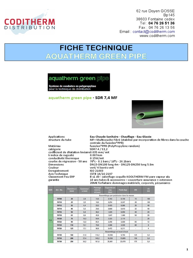 Aquatherm Green Pipe SDR 7,4 MF | PDF | Thermodynamique | Température