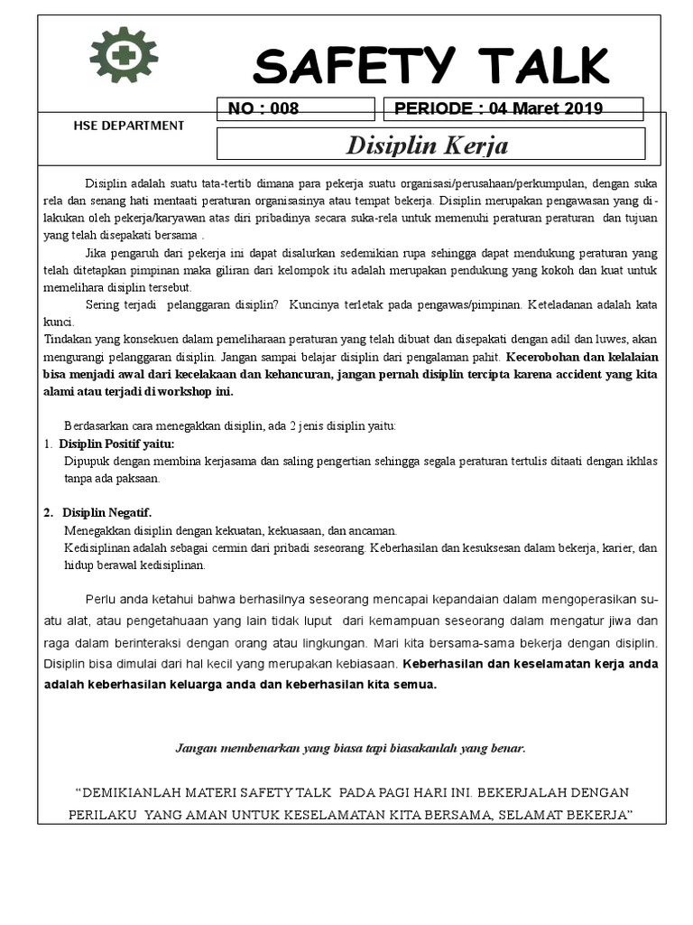 ST. 008 Disiplin Kerja (General Safety Talk) | PDF | Bisnis