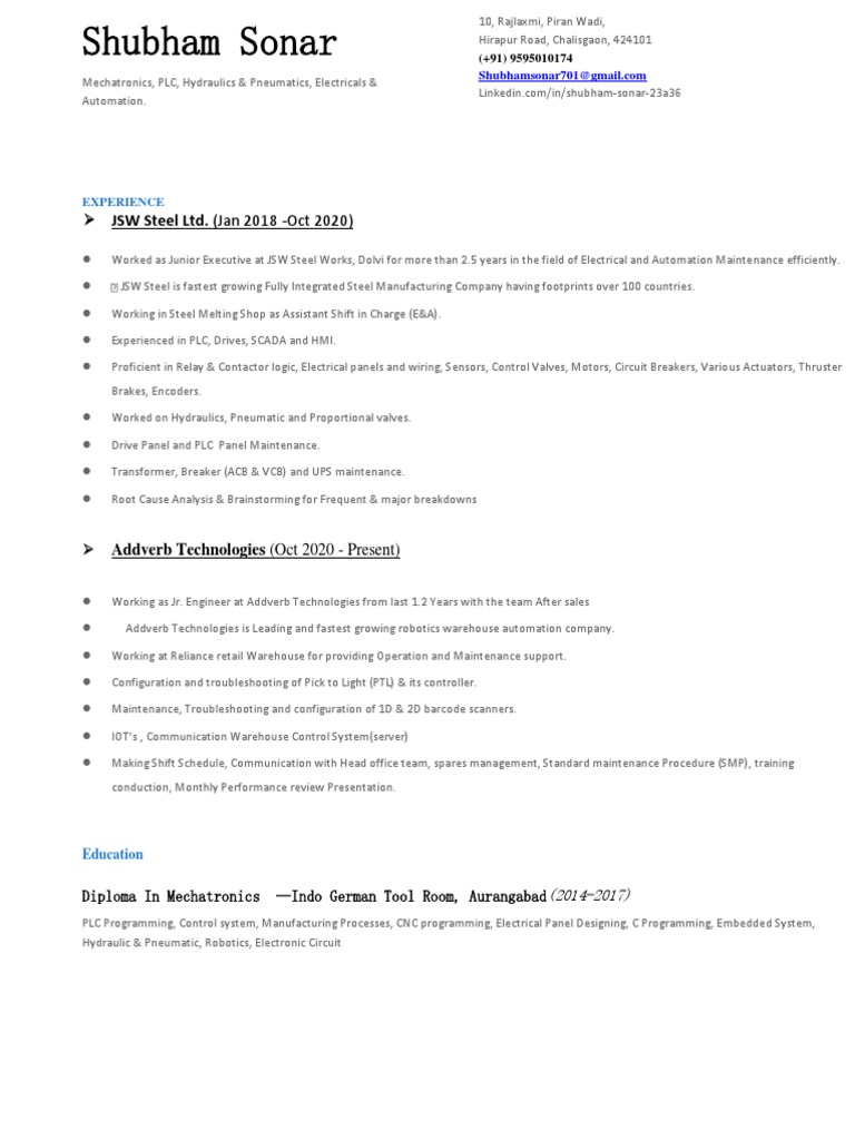 Shubham Sonar CV | PDF | Automation | Programmable Logic Controller