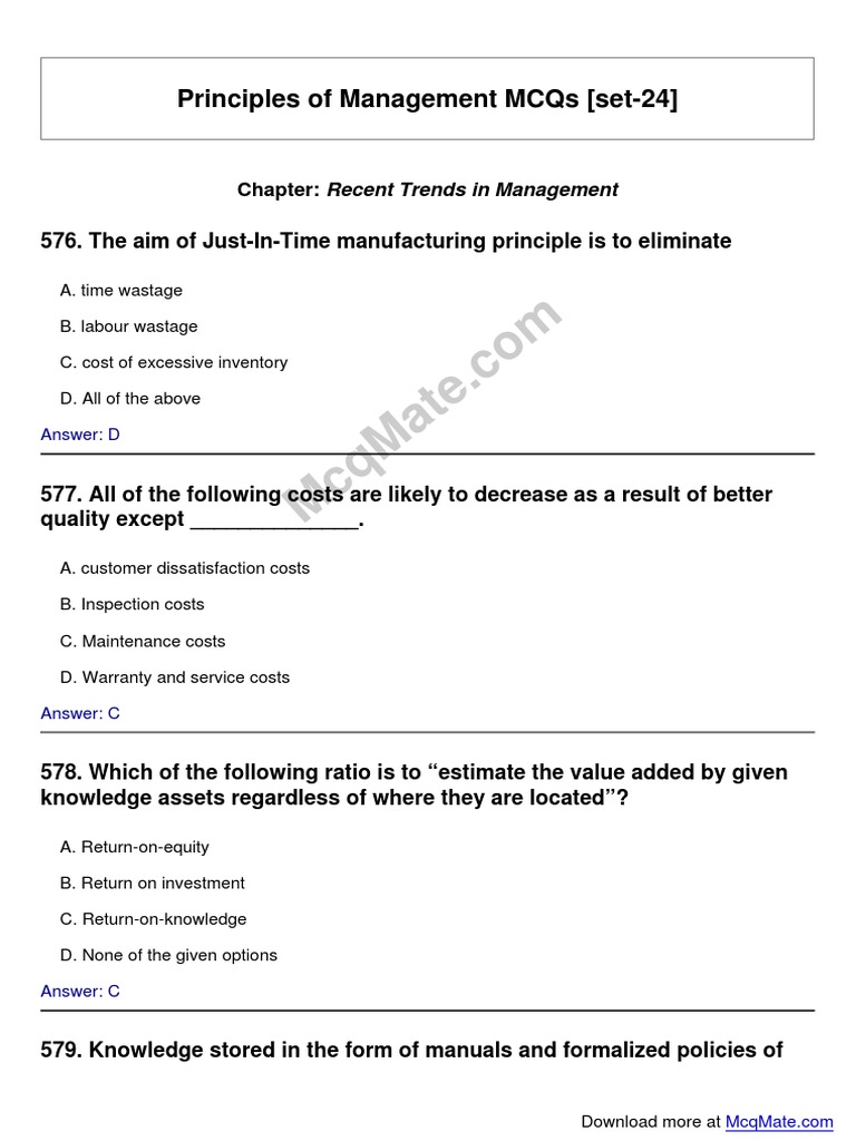 Principles of Management Solved MCQs (Set-24) McqMate - Com-Combined | PDF | Outsourcing | E ...