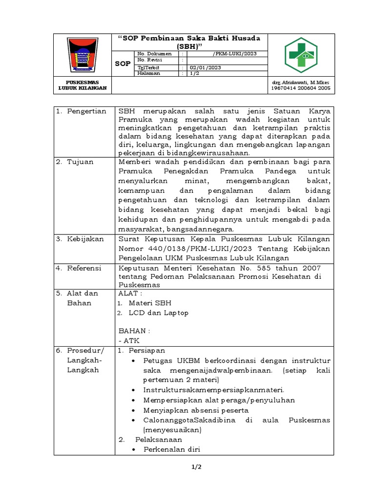 SOP Pembinaan Saka Bakti Husada (SBH) | PDF