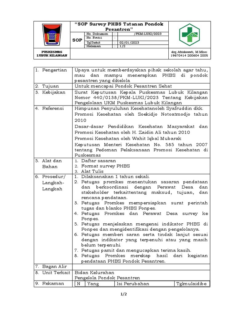 SOP Survey PHBS Tatanan Pondok Pesantren | PDF