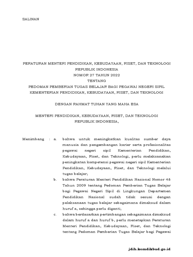 Peraturan Menteri Kemendikbudristek No. 27 Tahun 2022 Tentang Pedoman Pemberian Tugas Belajar ...