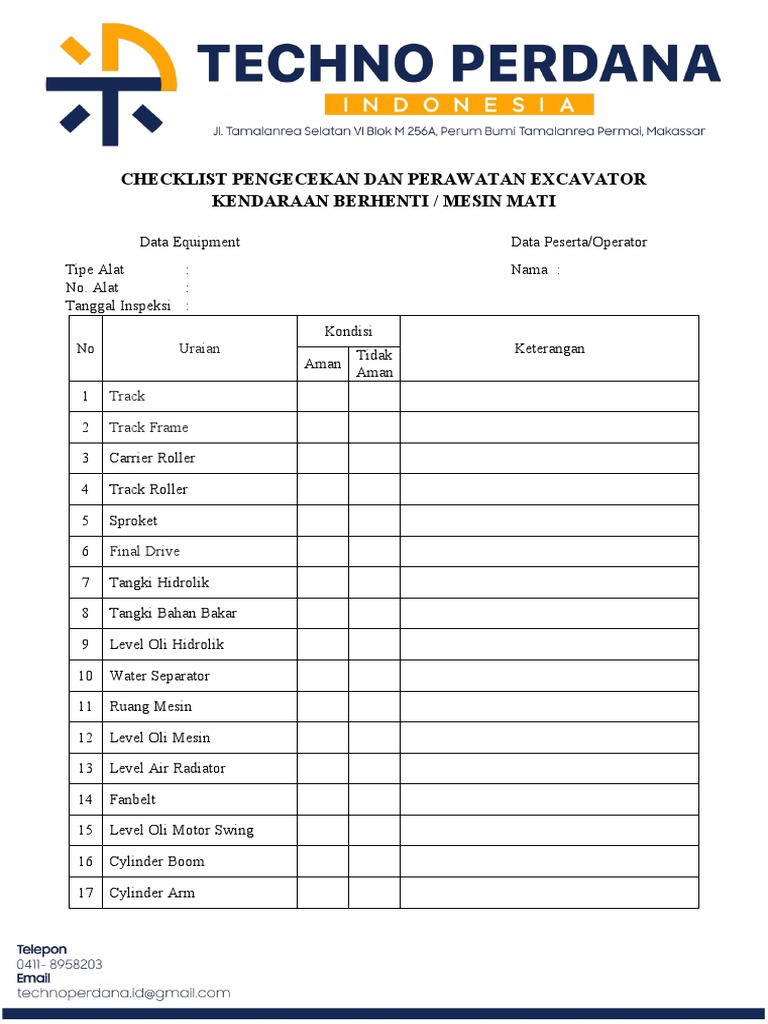 Checklist Pemeriksaan Alat Excavator | PDF