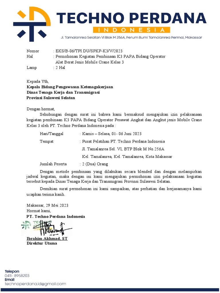 Surat Izin Kegiatan Pembinaan K3 Excavator Disnakertrans | PDF