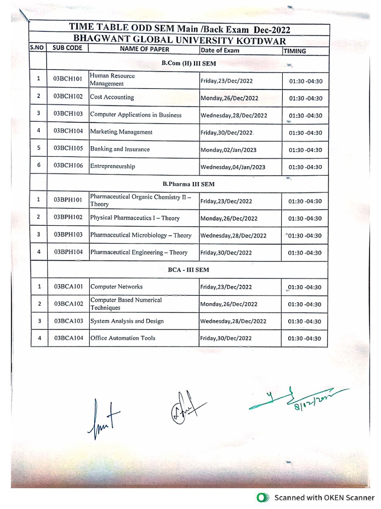 3rd Sem Date Sheet | PDF