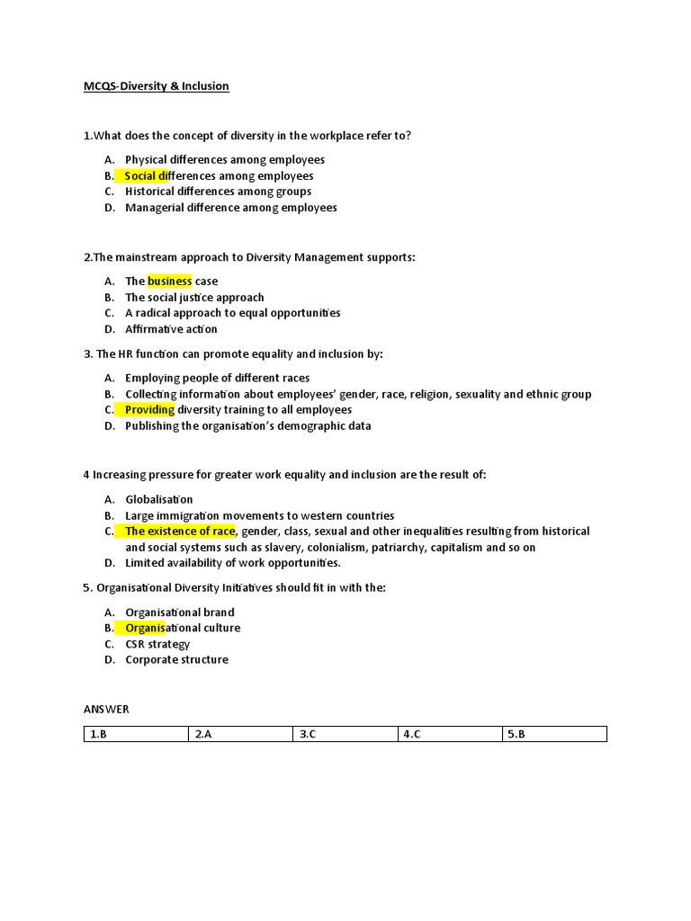 MCQS-Diversity - Inclusion | PDF