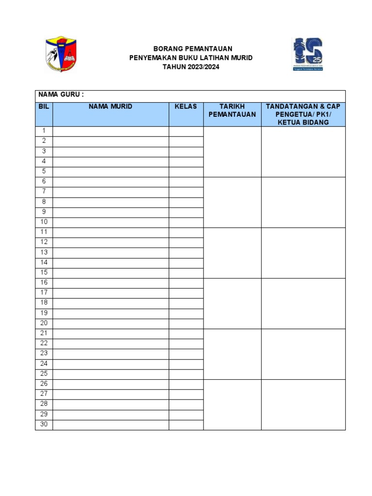 Borang Pemantauan Penyemakan Buku Latihan Murid 2022 23 | PDF