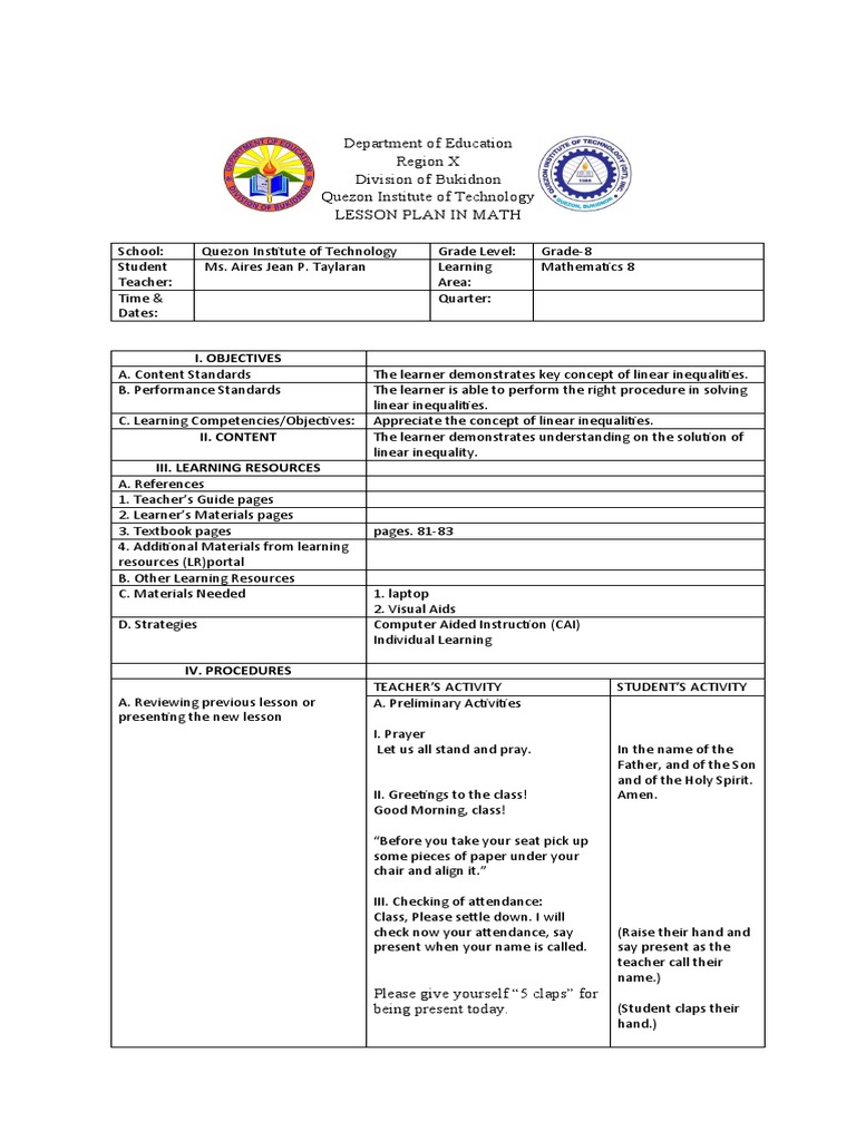 Aires Jean Detailed Lesson Plan Grade 8 Gold | PDF | Interval ...