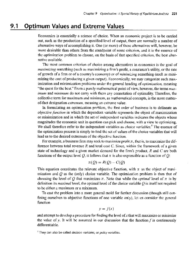 Chapter 9 Optimization A Special Variety of Equilibrium Analysis - 9 - 1 To 9 - 4 Chiang | PDF