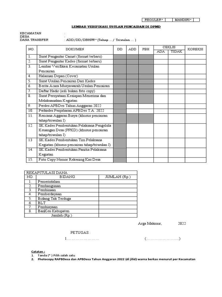 Lembar Verifikasi Usulan Pencairan Tahap I | PDF