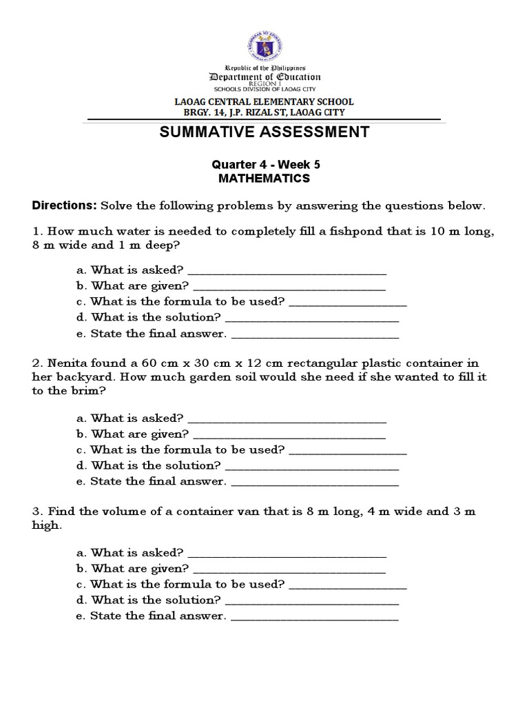 Summative Assessmen1 Math q4-Wk5 | PDF