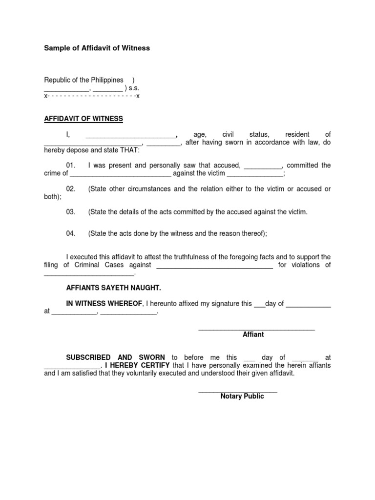 Sample of Affidavit of Witness | PDF | Affidavit | Witness