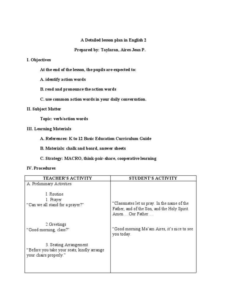 Grade 2 Verb Lesson Plan | PDF | Lesson Plan | Teachers