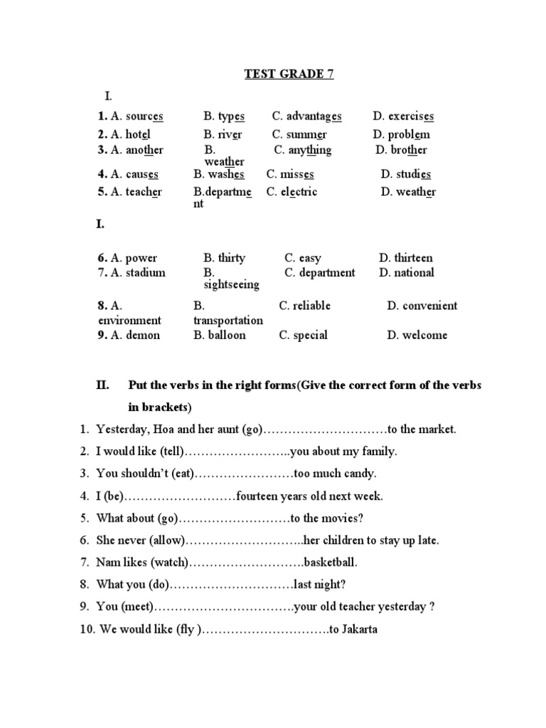 Test Grade 7 - Word | PDF