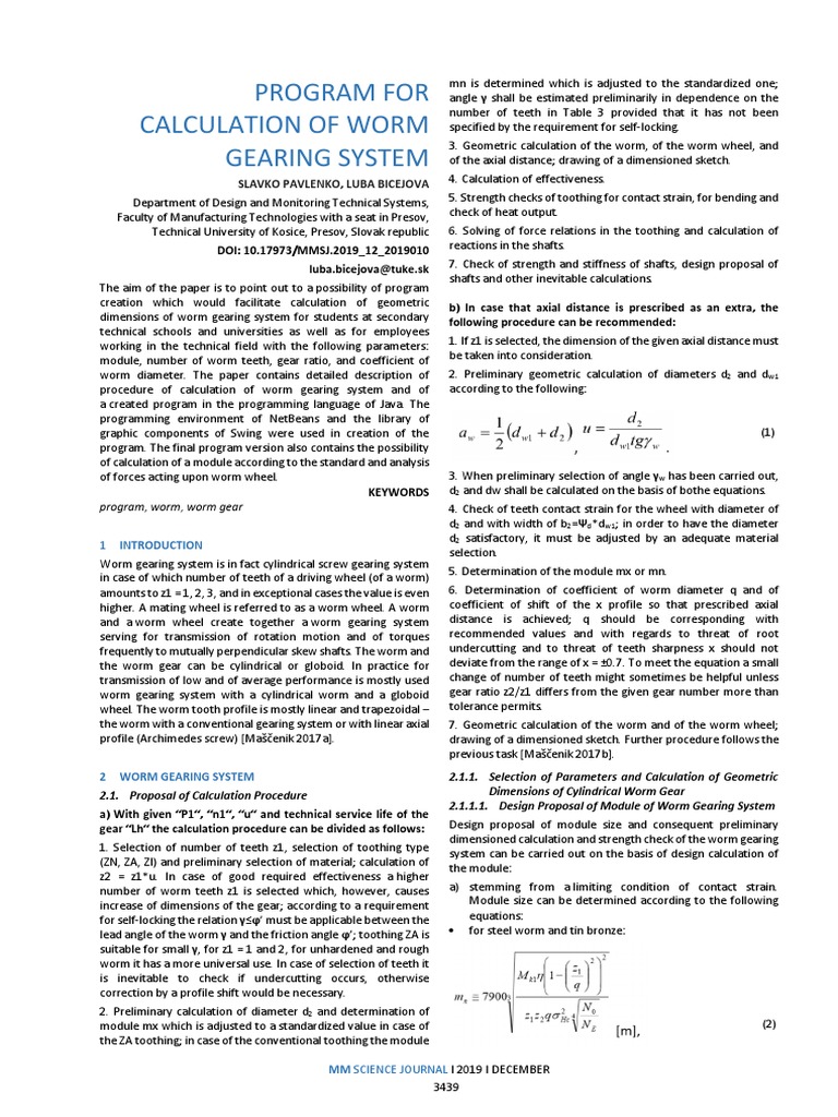 Mmscience - 2019 12 - Program For Calculation of Worm Gearing System ...