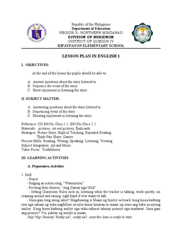 Lesson Plan for COT English 1 | PDF
