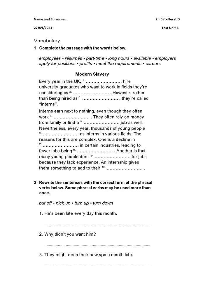 Bat 2 - Exam Unit 6 | PDF | English Language | Internship