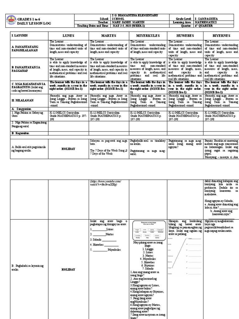 DLL Q4 G1 Math W1 | PDF | Learning | Cognitive Science