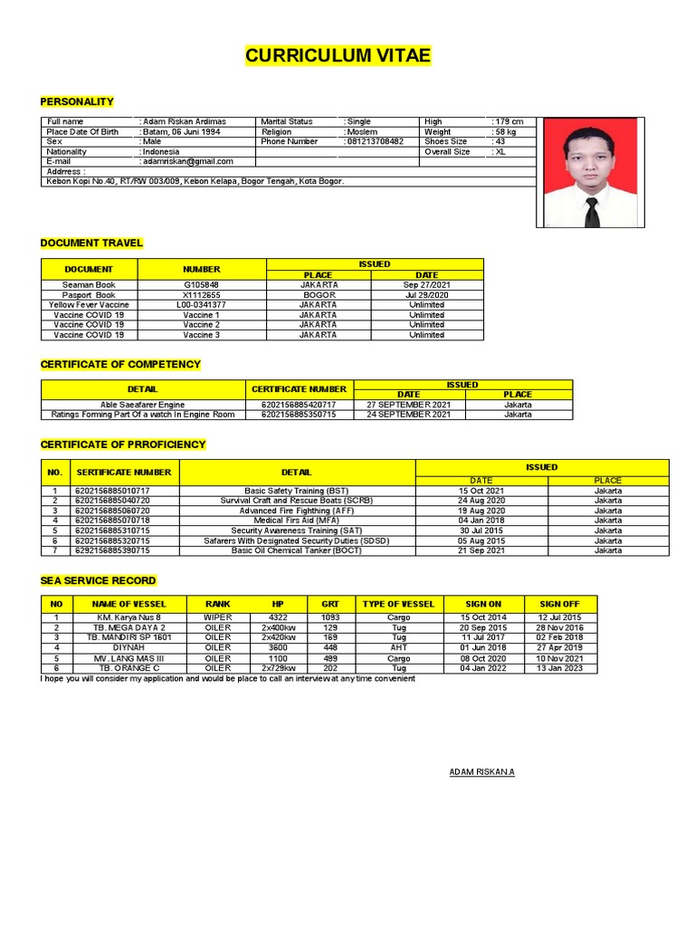 CV Adam Riskan.2023 | PDF | Oil Tanker | Freight Transport