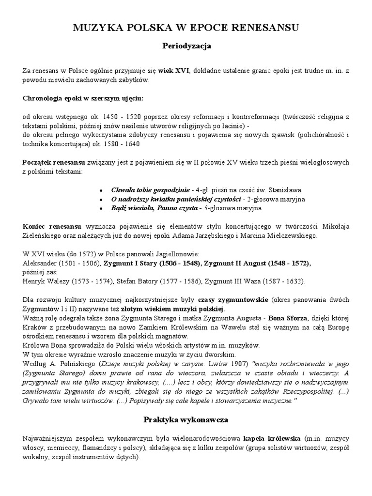 Muzyka Polska W Epoce Renesansu | PDF