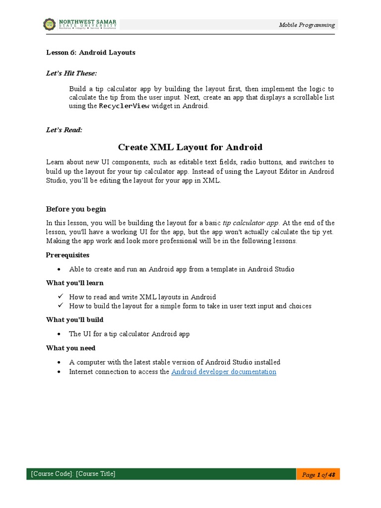 Lesson 6 Android Layouts Pdf Mobile App Android Operating System