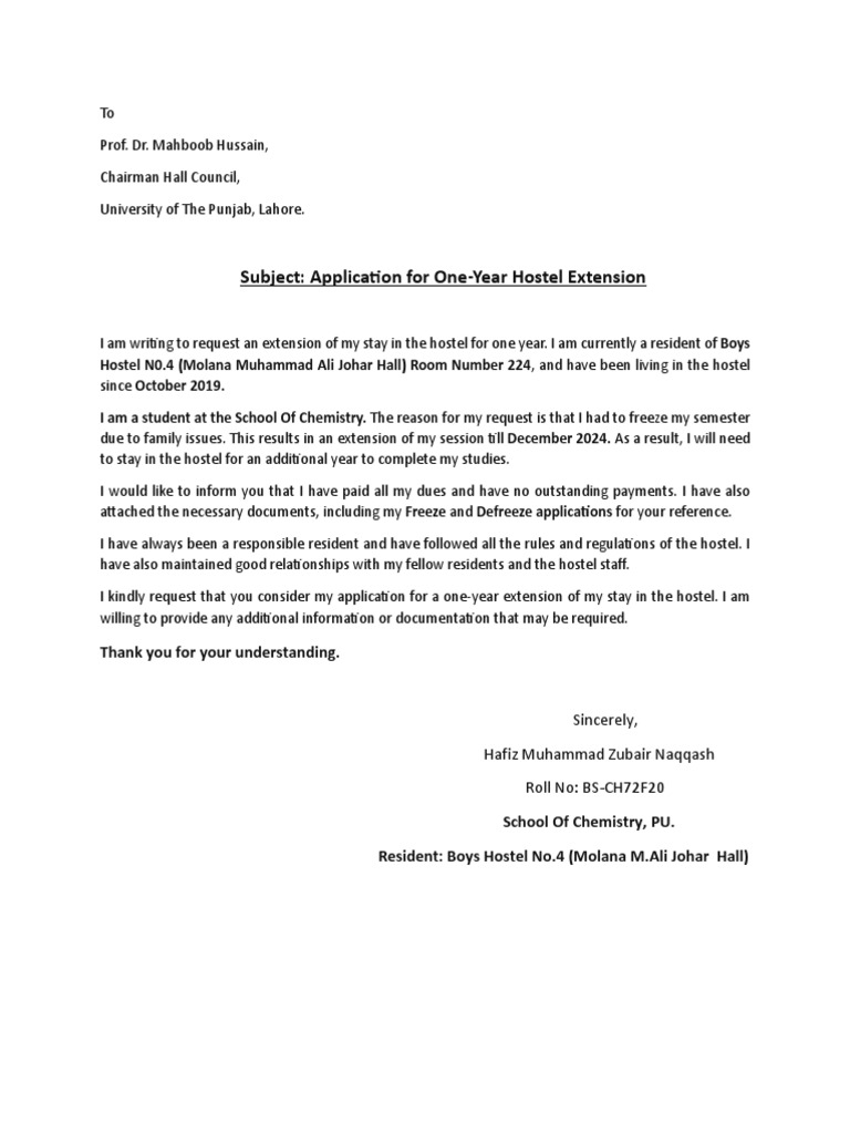 One-Year Hostel Stay Extension Request | PDF