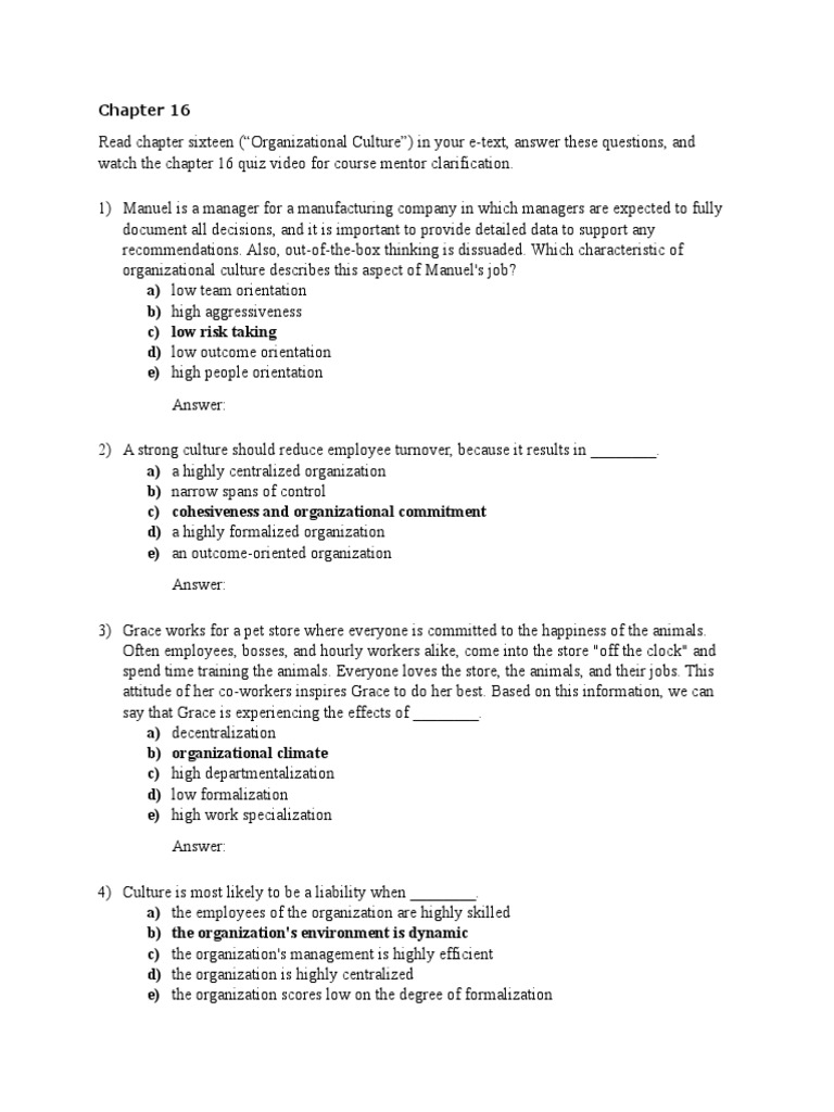 Organizational Behavior Chapter 16 Quiz | PDF | Organizational Culture ...