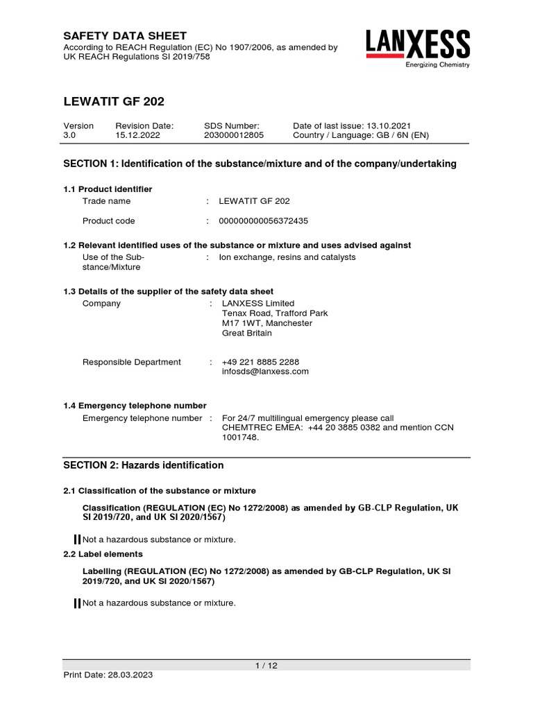 Lewatit GF 202 | PDF | Dangerous Goods | Toxicity