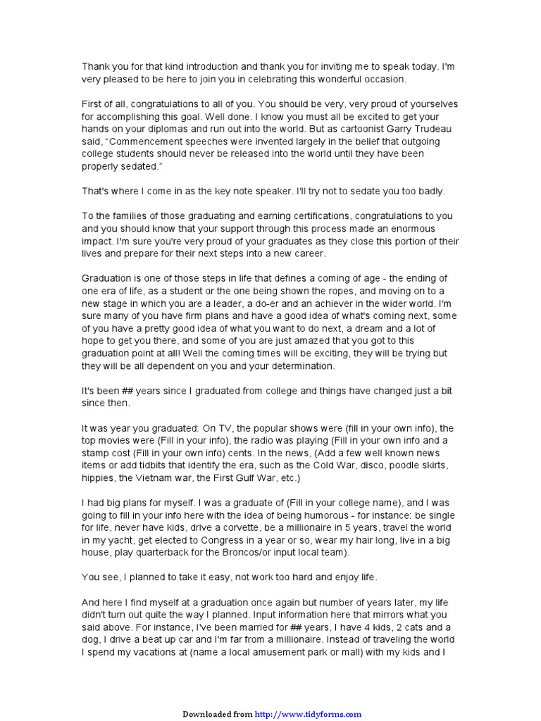 Sample Graduation Speech for Keynote or Guest Speaker | PDF