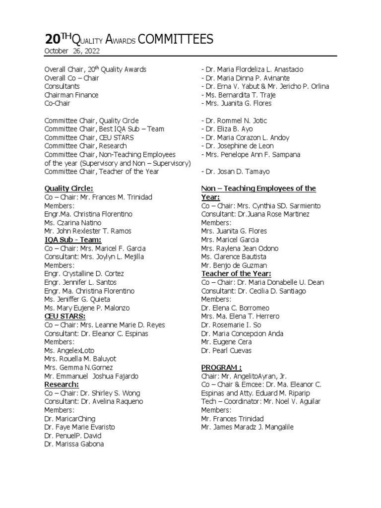 20th Quality Awards Committees | PDF | Science & Mathematics