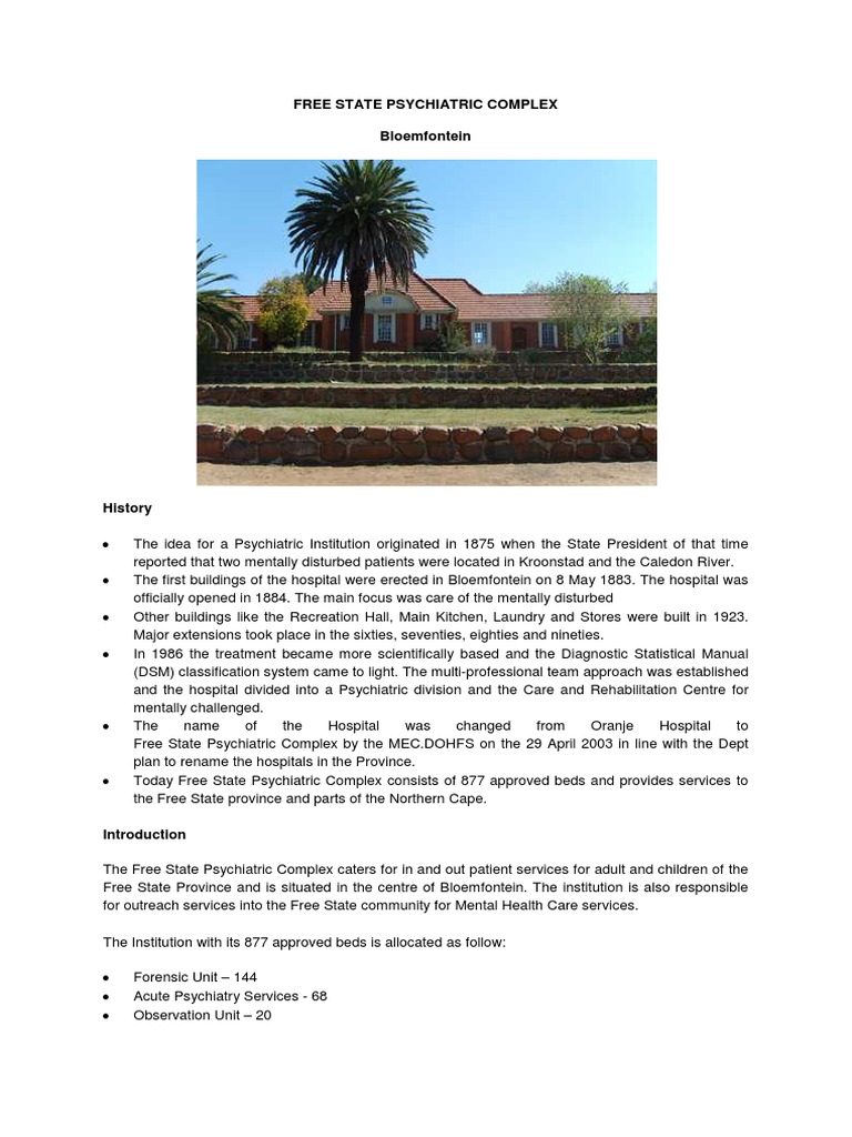 Free State Psychiatric Complex | PDF | Psychiatry | Hospital